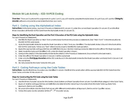 Module 04 Lab Activity Icd 10 Pcs Coding Worksheet Studocu
