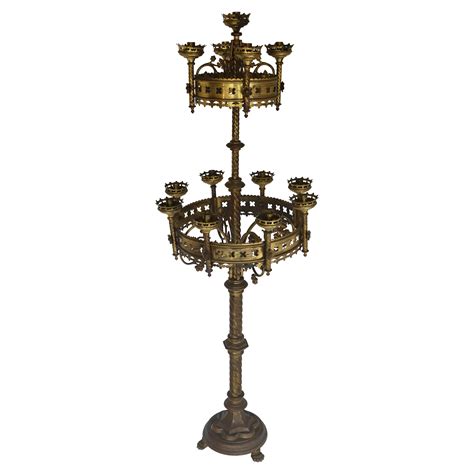 Large Antique Gothic Revival Church Candelabras 19th Century Brass