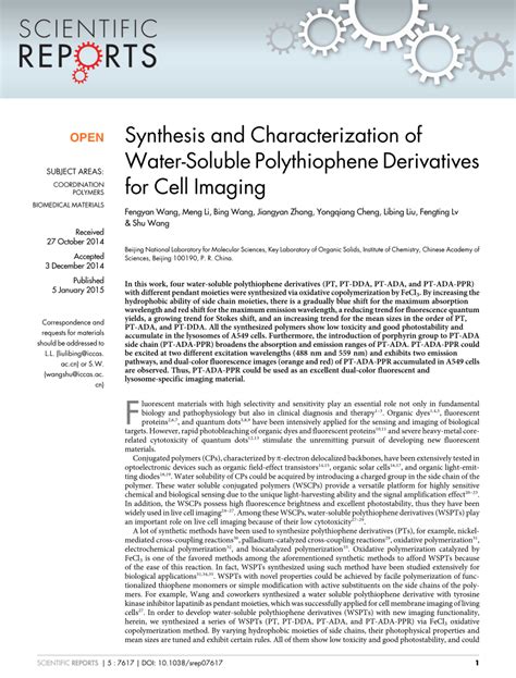 Pdf Synthesis And Characterization Of Water Soluble Polythiophene