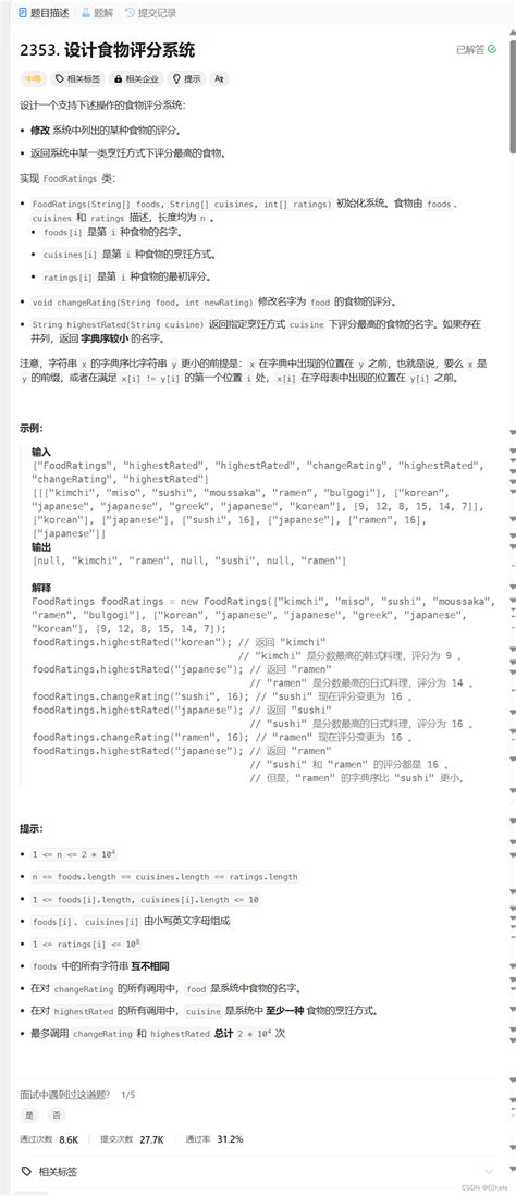 leetcode 2353 设计食物评分系统 题解 ratingmap[cuisine] emplace n rating
