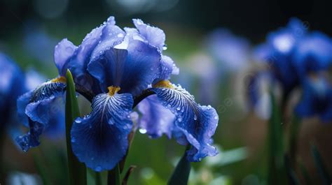 Beautiful Image Of Blue Iris Flowers With Dew Droplets Background A Photo Of An Iris With Blue