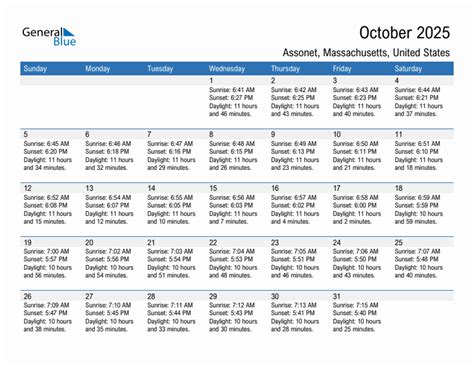 October 2025 Sunrise And Sunset Calendar For Assonet Pdf Excel Word