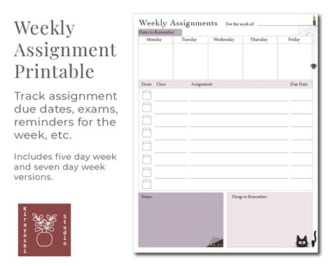 Two Page Printable Weekly Assignment Tracker Weekly Homework And Exam