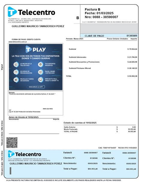 Factura B Fecha 01032025 Nro 0088 38590007 Guillermo Mauricio