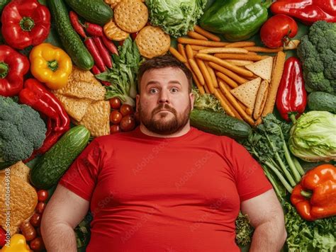 Overweight Man Surrounded By Vegetables And Fast Food Symbolizing The
