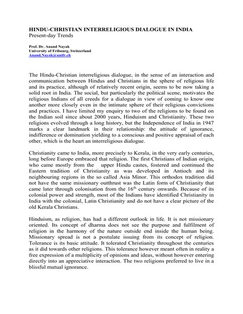Hindu Christian Interreligious Dialogue In India