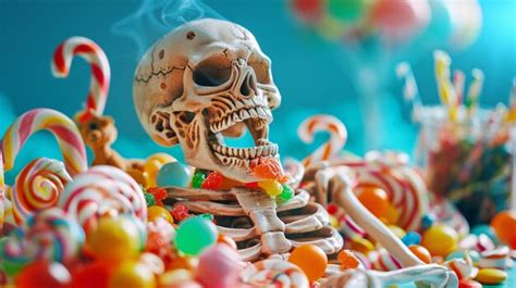 Skeleton With Candy And Cheerful Animals Premium Ai Generated Image