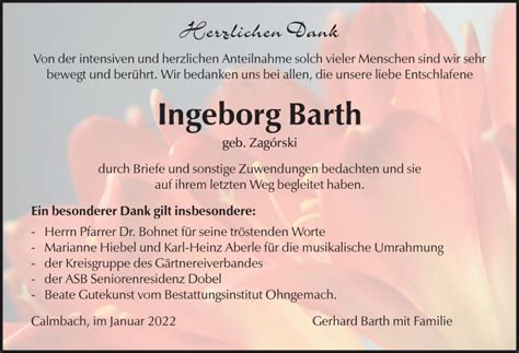 Traueranzeigen Von Ingeborg Barth Schwarzwälder Bote Trauer