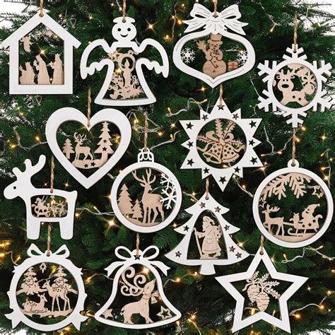 24pcs Wooden Christmas Tree Ornaments Cutout Set Large Wood