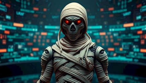 Robot 3d Mummy With Bandages Glowing Red Eyes Techno Line Background