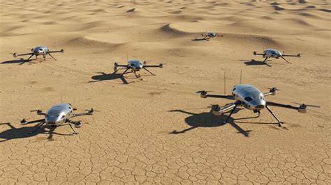 A Fleet Of Advanced Drones Navigates The Arid Desert Landscape