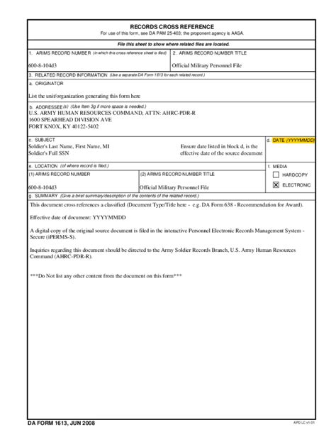 Fillable Online Records Cross Reference Da Form 1613 Fax Email Print Pdffiller