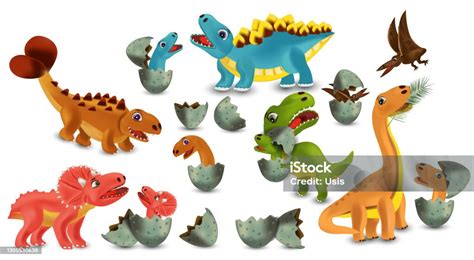 공룡 티라노사우루스 브라키오사우루스 프테로다틸 트리케라톱스 스테고사우루스 만화 캐릭터 계란에서 부화 하는 공룡 3d 벡터 일러스트레이션 가공의 인물에 대한 스톡 벡터 아트