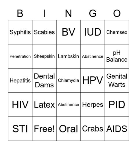 Sexual Health Bingo Card