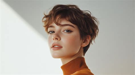Close Up Of A Confident Woman With Short Wavy Brown Hair Elegant