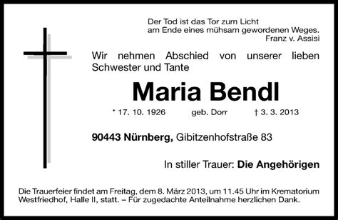 Traueranzeigen Von Maria Bendl Trauer Nn De