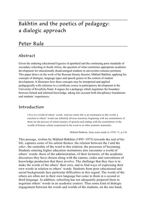 Pdf Bakhtin And The Poetics Of Pedagogy A Dialogic Approach