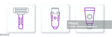 세트 라인 크림 또는 로션 화장품 튜브 면도기 및 전기 머리 깎기 면도기 아이콘 벡터 면도기에 대한 스톡 벡터 아트 및 기타 이미지 면도기 개성 개념 건강한 생활방식
