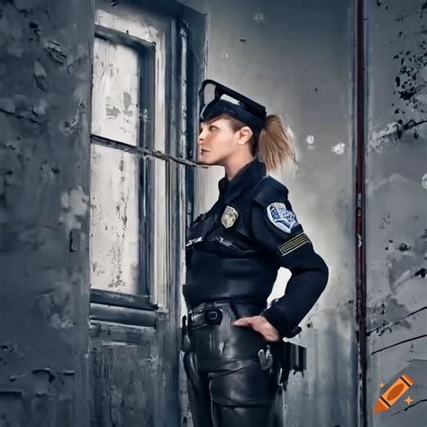 Close Up Of A Policewoman Peeking Through A Door On Craiyon