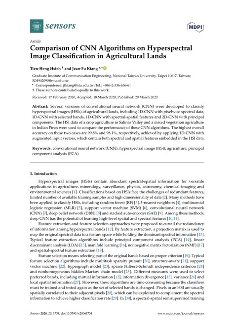 Pdf Comparison Of Cnn Algorithms On Hyperspectral Image Classification In Agricultural Lands