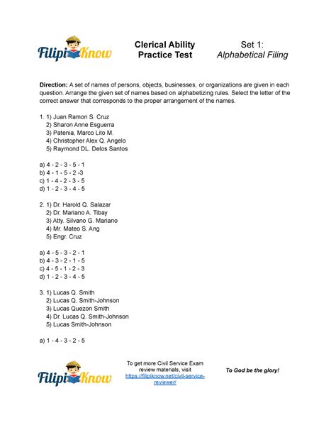 Clerical Ability Practice Test Set 1 Practice Test Alphabetical