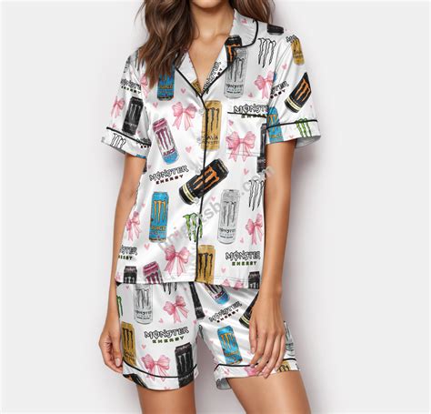 Monster Energy Satin Pajama Set For Women Cute Bow Print Sleepwear