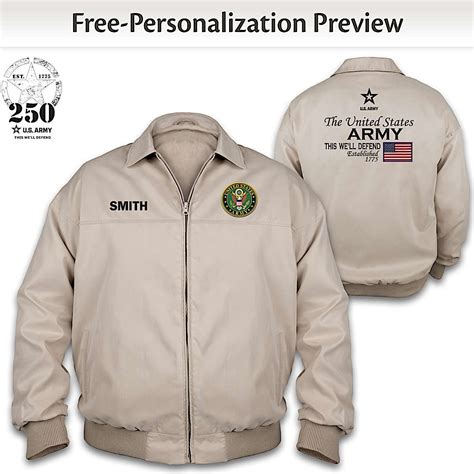 U S Army Mens Tan Jacket With An Army Logo Patch And Personalized With Your Name On The Front