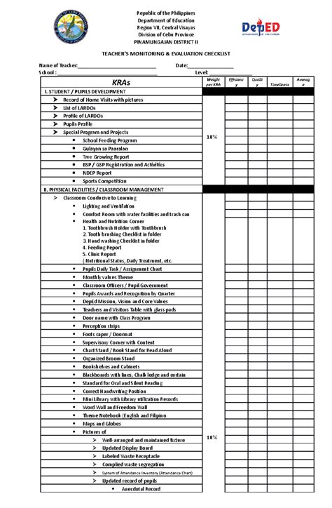 Evaluation Checklist Republic Of The Philippines Department Of