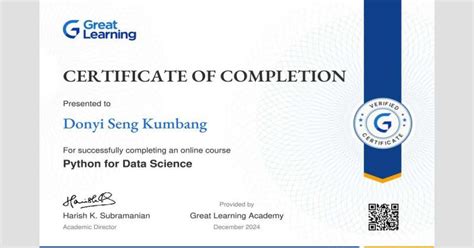 Python For Data Science Course Completion Certificate For Donyi Seng