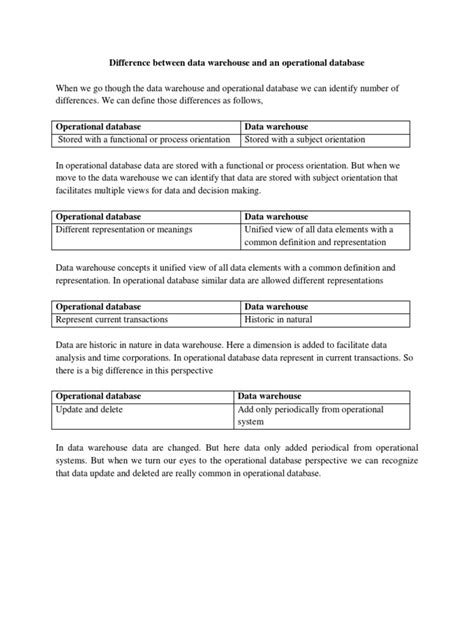 Difference Between Data Warehouse And An Operational Database Pdf