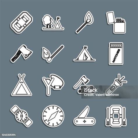 세트 라인 래프팅 보트 손전등 성냥갑 및 성냥 열기 불로 굽기 오래된 나무 도끼 및 관광 텐트 깃발 아이콘 벡터 강에 대한 스톡 벡터 아트 및 기타 이미지 Istock