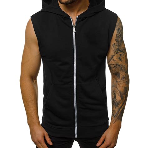 Yyeselk Mens Zip Up Sleeveless Hooded Sweatshirt Slim Fit Solid Color