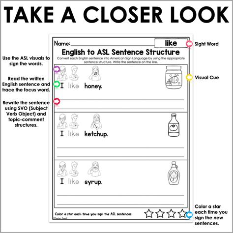 English To Asl Sentence Structure Worksheets Primer Sight Words For Grammar Practice Teacher