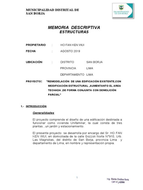 Memoria Descriptiva De Estructuras Pdf Hormigón Lima