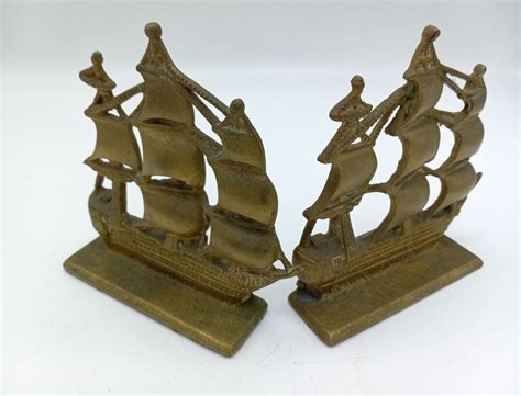 Brass Sailing Ship Heavy Bookends Three Masted Sailing Ship Bookends