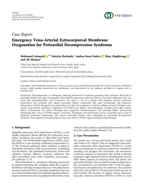 Pdf Case Report Emergency Veno Arterial Extracorporeal Membrane Oxygenation For Pericardial
