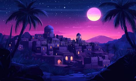 Desert Town Under Starry Night Sky Vibrant Colors Palm Trees Moonlight Illuminating Buildings