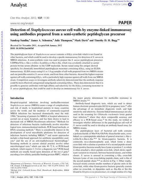 Pdf Detection Of Staphylococcus Aureus Cell Walls By Enzyme Linked Immunoassay Using