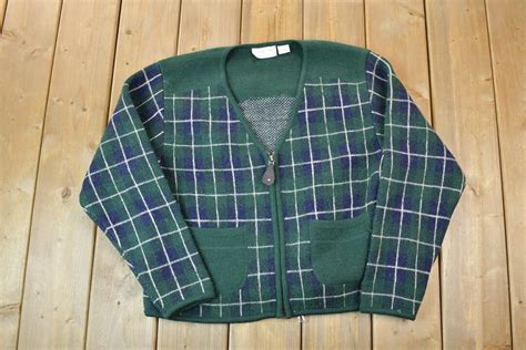 Vintage 1990s Christopher And Banks Knit Plaid Zip Up Cardigan Pocket