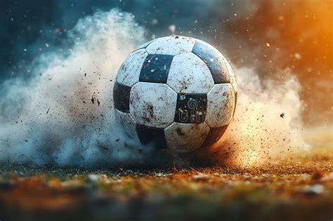 Soccer Ball With Dirt Exploding Close Up Action Shot Dust Particles
