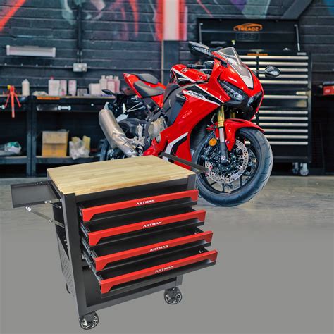 35h Tool Box Wwheels 4 Drawers Rolling Tool Cart Wooden Top