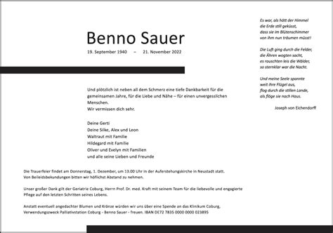 Benno Sauer Traueranzeige Frankende