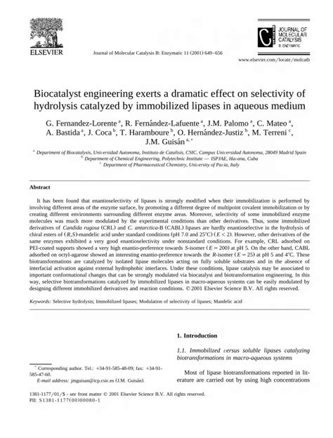 Pdf Biocatalyst Engineering Exerts A Dramatic Effect On Selectivity Of Hydrolysis Catalyzed By