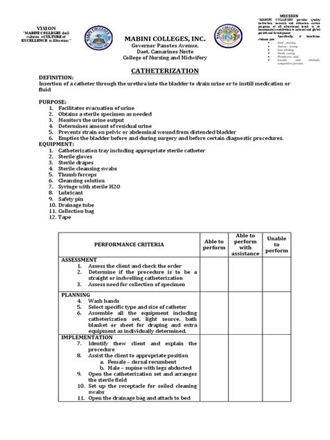Catheterization Checklist Pdf Catheter Medicine