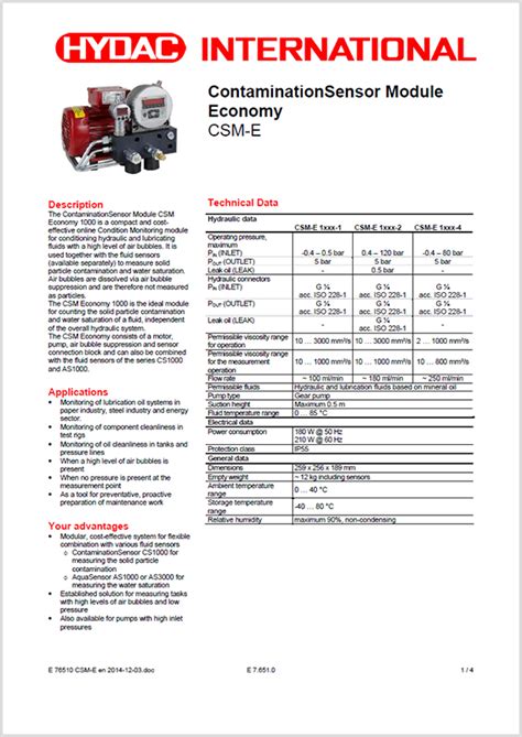 Hydac Contaminationsensor Module Csm Economy Type Csm E 1000 2 Z Wn