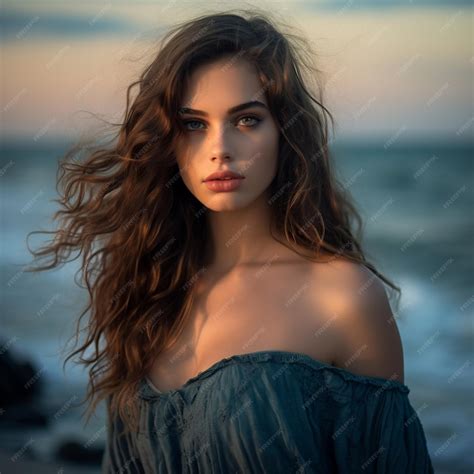 Premium Ai Image A Woman With Long Brown Hair Is Standing On The Beach