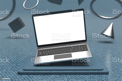 3d 렌더링으로 배경 제품 프리젠 테이션 무대 디스플레이와 트리플 실린더 받침대 위의 노트북 컴퓨터 화면 모형 형판에 대한 스톡 사진 및 기타 이미지 Istock