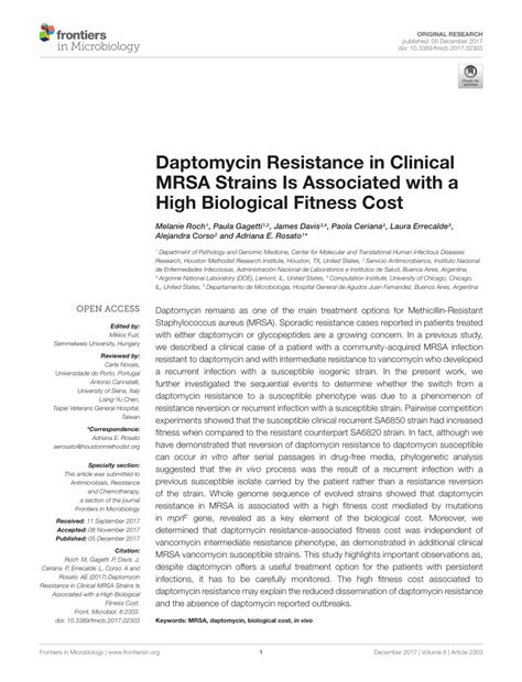 Pdf Daptomycin Resistance In Clinical Mrsa Strains Is Associated With A High Biological