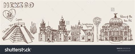 Travel Mexico Famous Landmarks Skylinepanoramavector Hand Vetor Stock