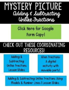 Mystery Picture Adding Subtracting Unlike Fractions FREEBIE